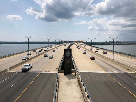 View south along Interstate 95 and Interstate 495 (Capital Beltway) crossing the Potomac River via the Woodrow Wilson Bridge from the pedestrian overpass for the Woodrow Wilson Bridge Trail in National Harbor, Prince George's County, Maryland